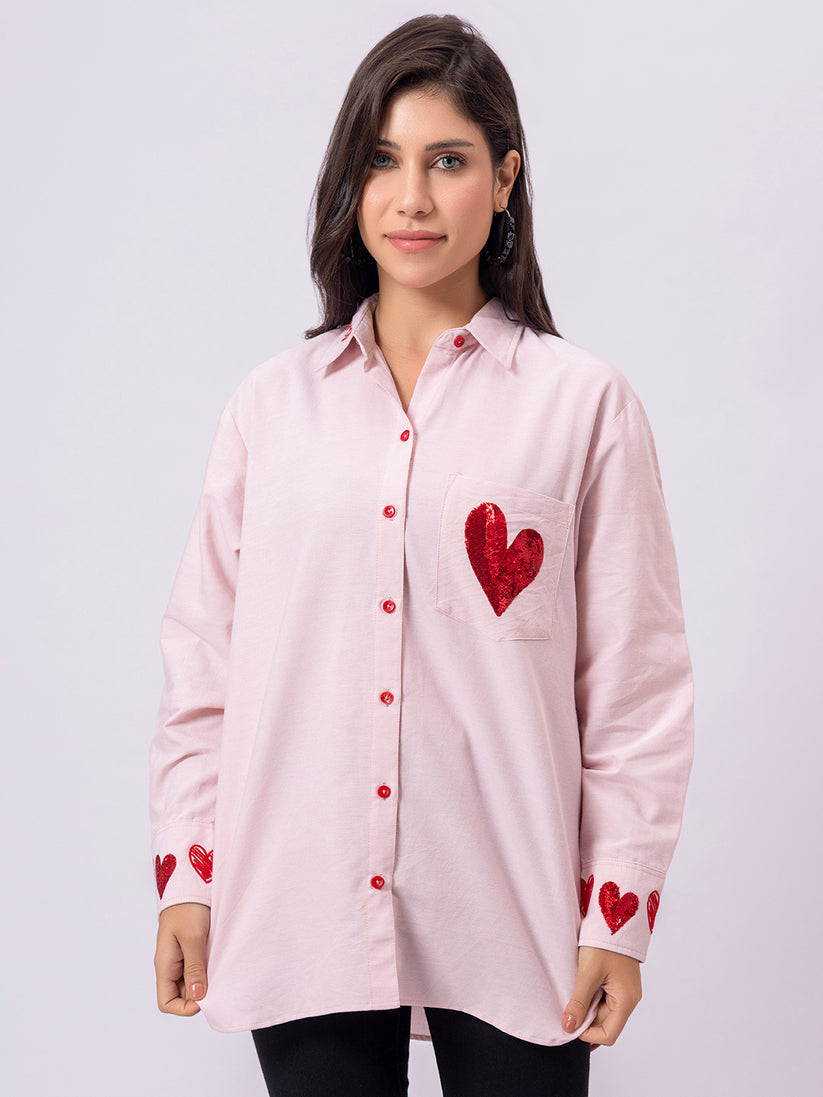 ROSY PINK CUTE RED HEART SEQUENCE EMBROIDERED SHIRT – Siddhaarth Oberoi ...