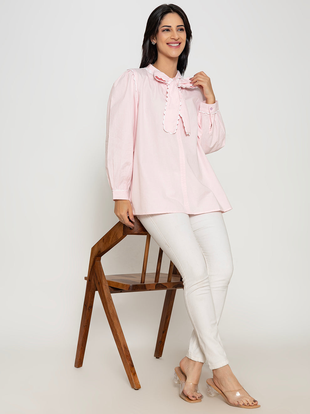 ROSY PINK FULL SLEEVE FRONT BOW SHIRT WITH LACE DETAILING – Siddhaarth ...